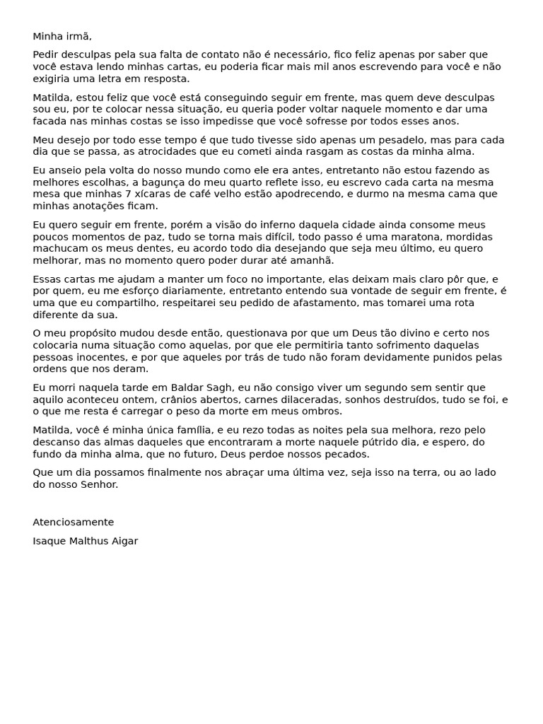 Carta de Desculpas e Reflexões de Isaque | PDF