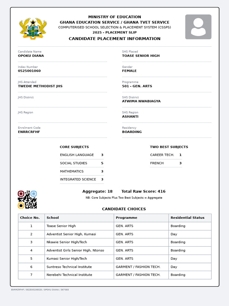 2025 CSSPS Placement Slip for Opoku Diana | PDF