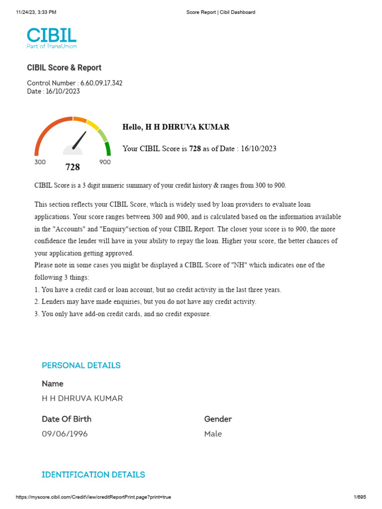 CIBIL Score Report for H H Dhruva Kumar | PDF | Credit | Finance ...