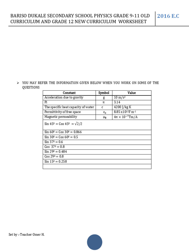 Grade 9-12 Physics Worksheet 2016 E.C. | PDF | Waves | Rotation Around ...