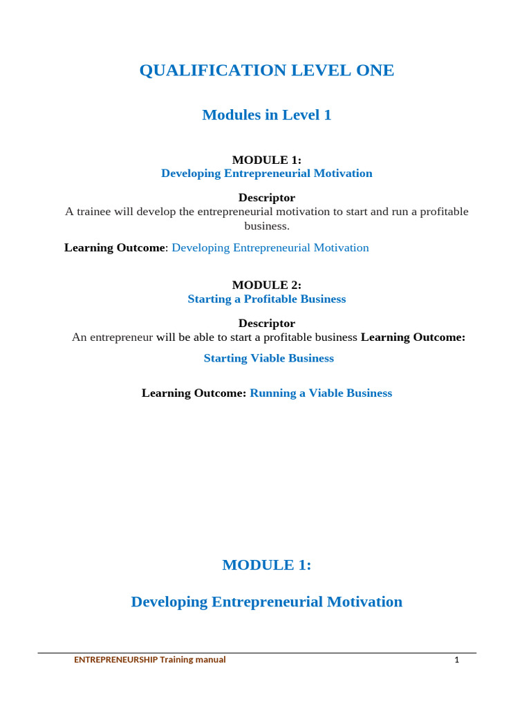 Level 1 Entrepreneurship Training Guide | PDF | Entrepreneurship ...