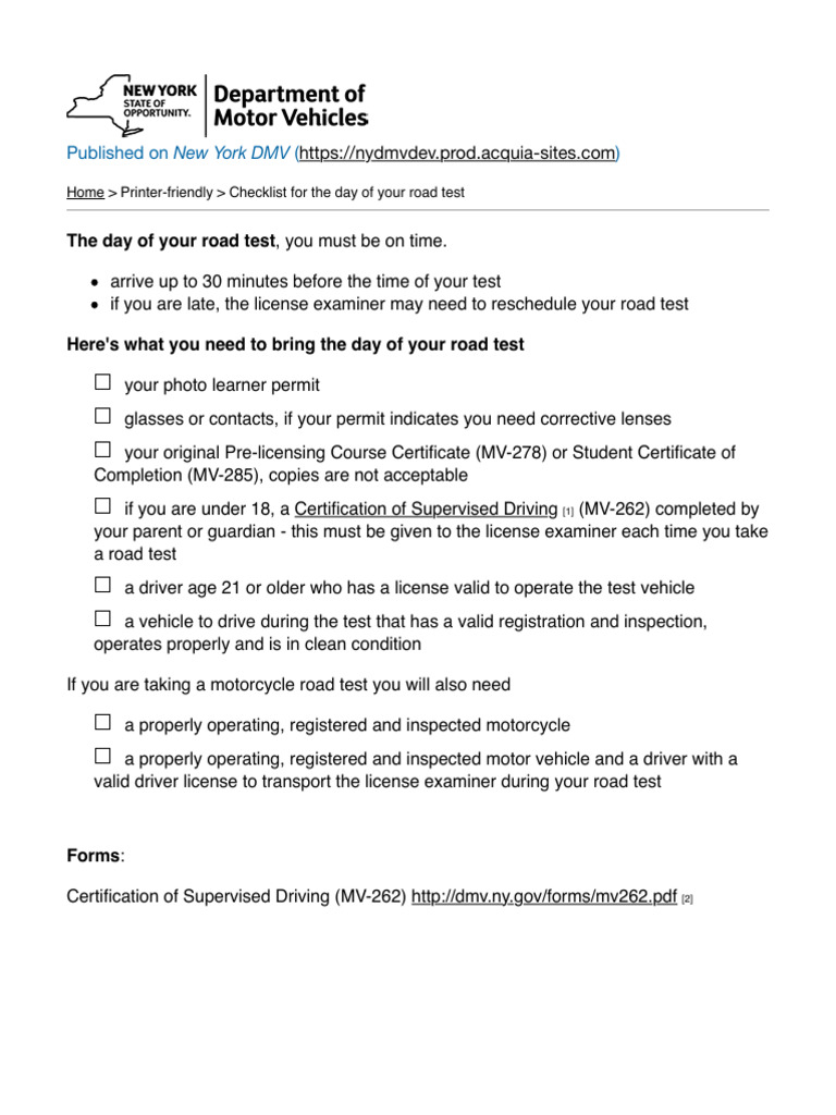 Checklist For The Day of Your Road Test | PDF