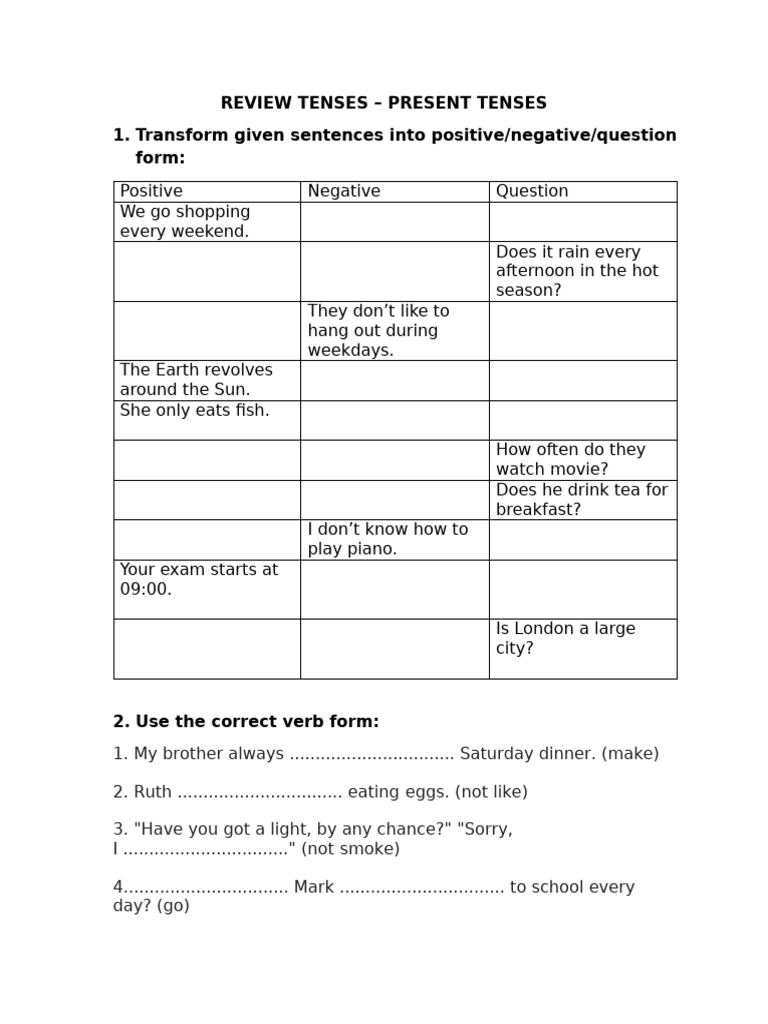 Present Tense Review Exercises | PDF