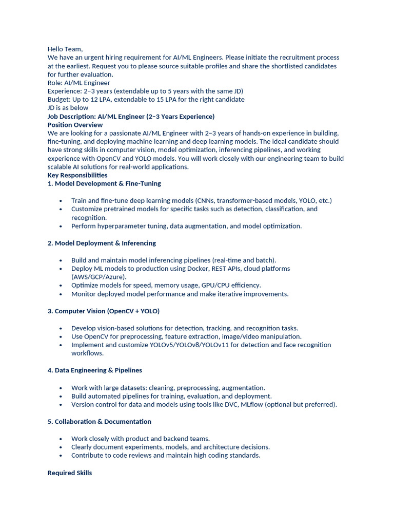 Urgent Requirement - AI - ML Engineers (2-5 Exp) | PDF | Deep Learning ...