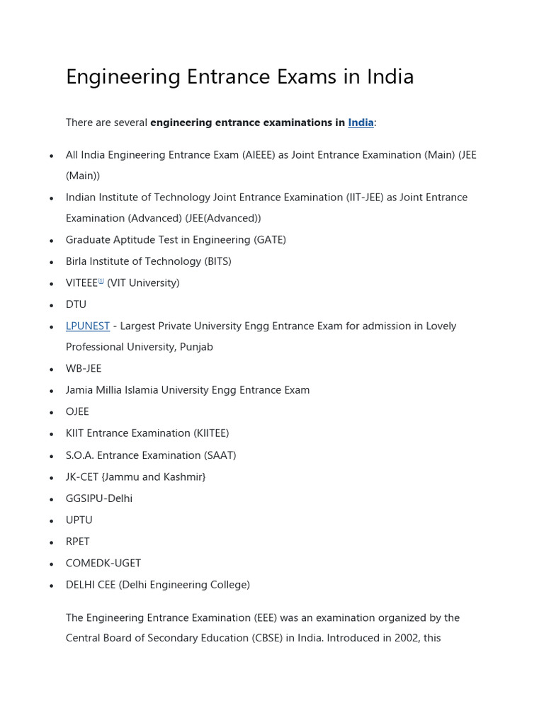 Engineering Entrance Exams in India | PDF | Qualifications | Schools