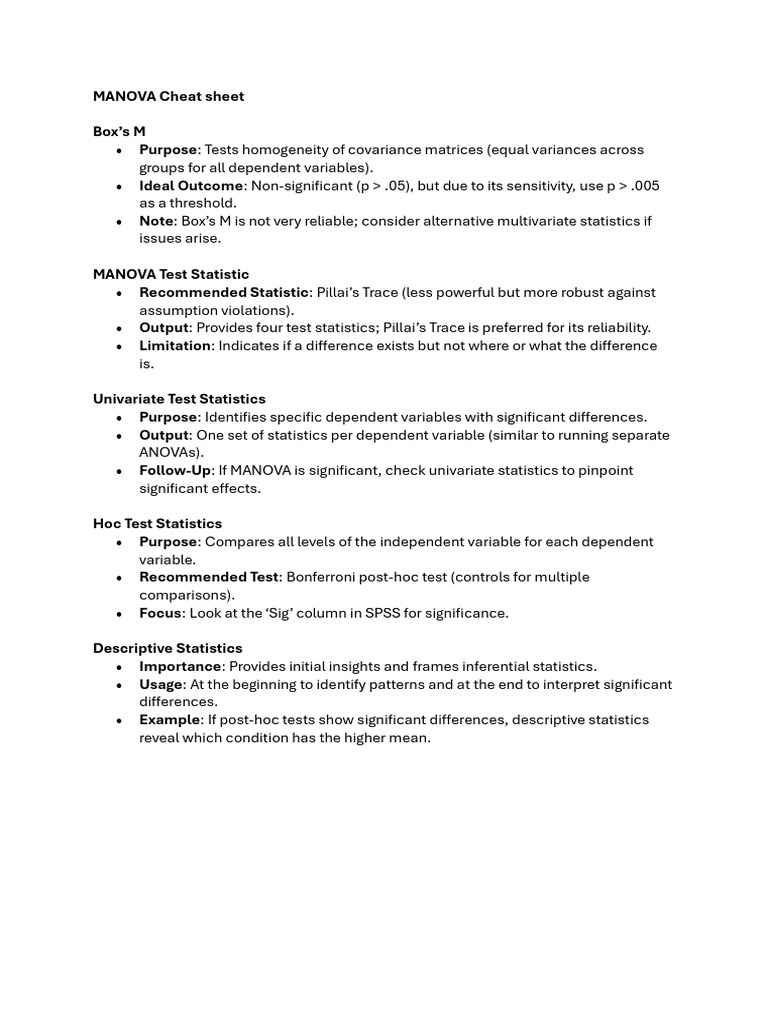 MANOVA Analysis Cheat Sheet Guide | PDF