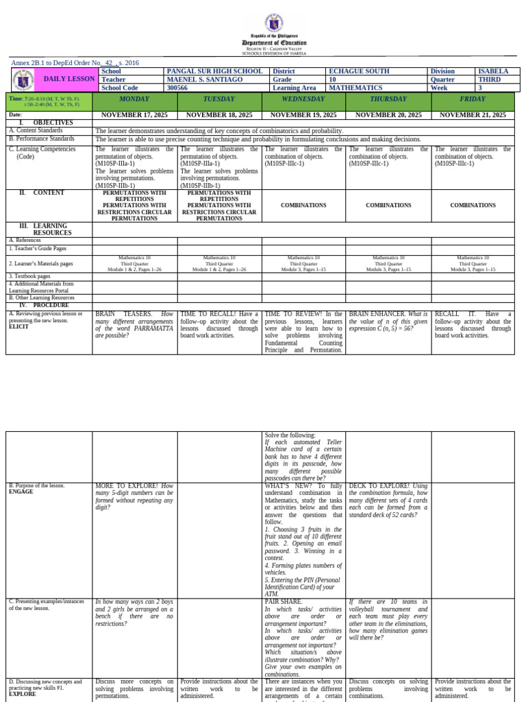 Third Quarter_week 3_math 10 2025-2026 | PDF | Permutation | Learning