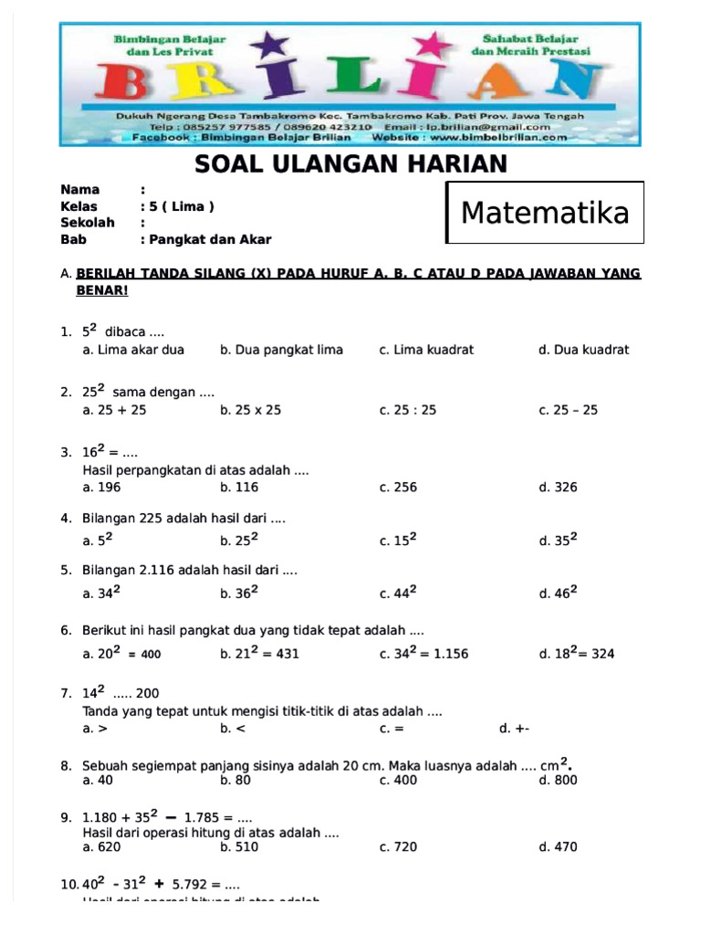PDF Soal Matematika Kelas 5 Sd Bab 2 Pangkat Dan Akar Bilangan Bulat ...