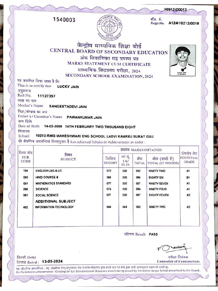Class 10 Marksheet | PDF