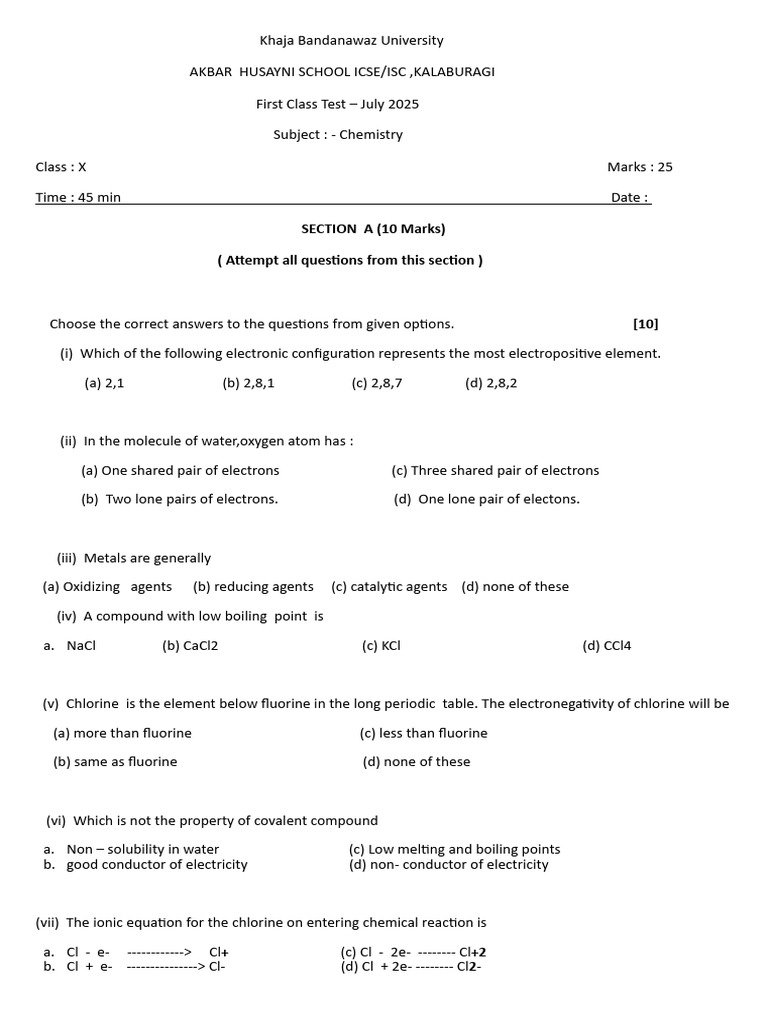 Chemistry Test Paper for Class X | PDF | Chemical Compounds | Chlorine