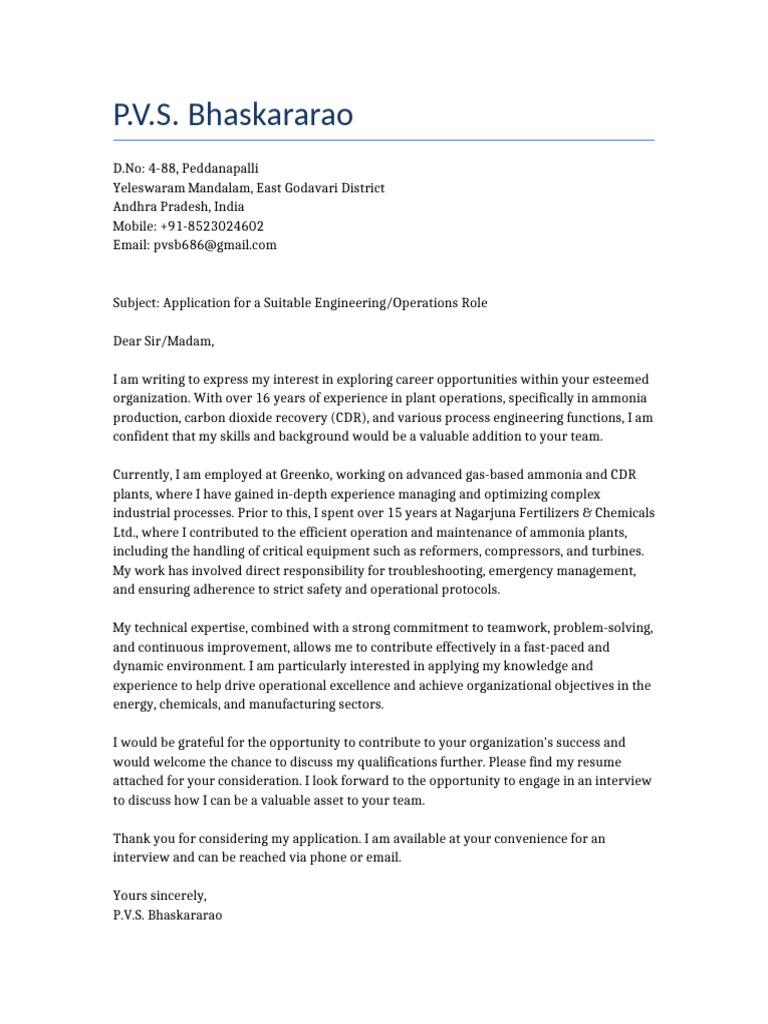 PVS Bhaskararao Cover Letter Resume World Bank Format | PDF | Ammonia ...