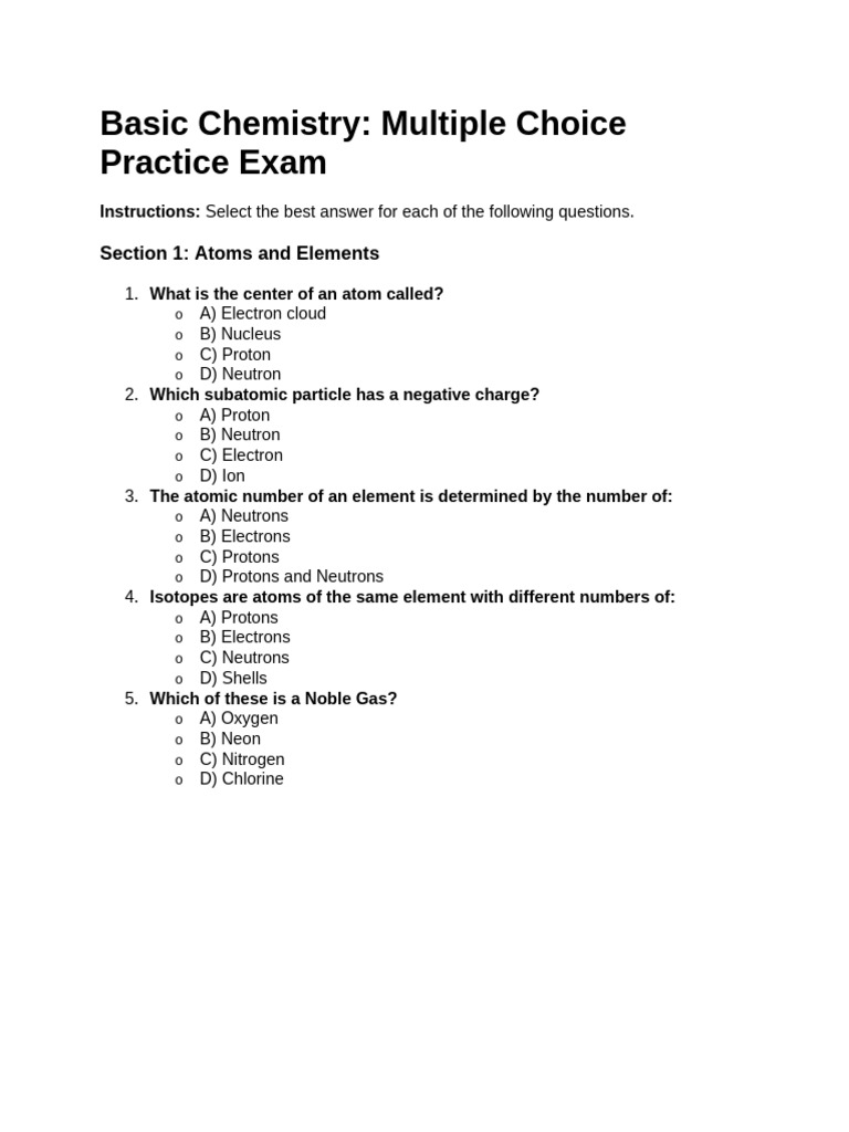 Basic Chemistry MCQ Practice Exam | PDF | Chemical Bond | Chemical Elements