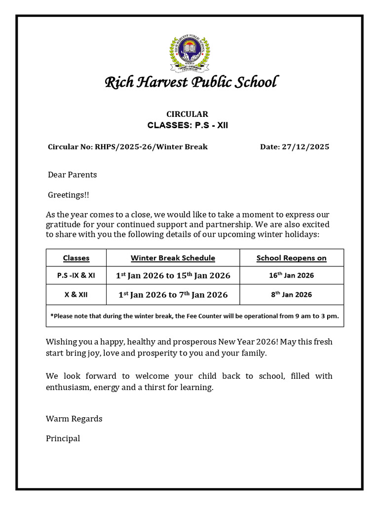 RHPS Winter Break Schedule 2026 | PDF