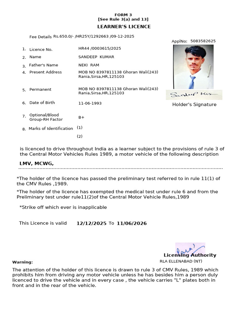 Learner'S Licence: Form 3 (See Rule 3 (A) and 13) | PDF