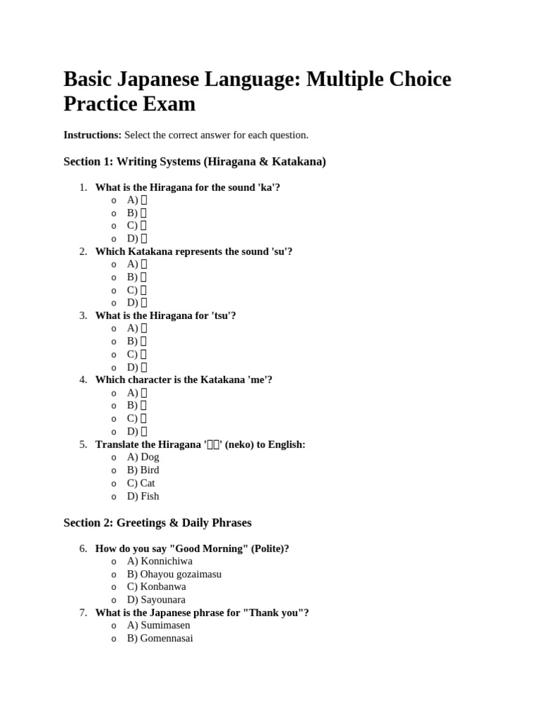 Japanese Language Practice Exam | PDF | Japanese Language | Linguistics