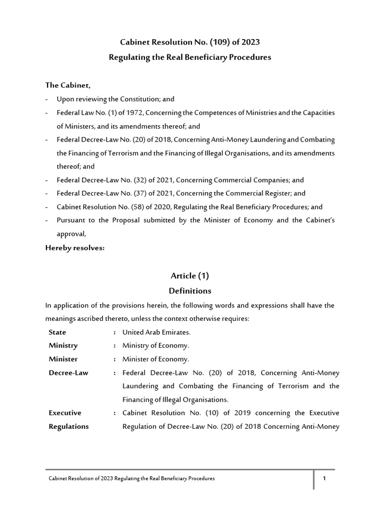 Cabinet Resolution No. (109) of 2023 Regulating the Real Beneficiary ...