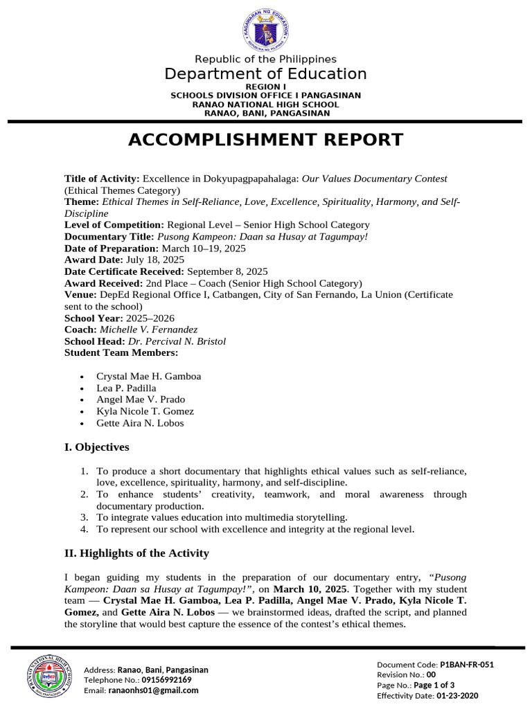 Accomplishment Report - Dokyu | PDF