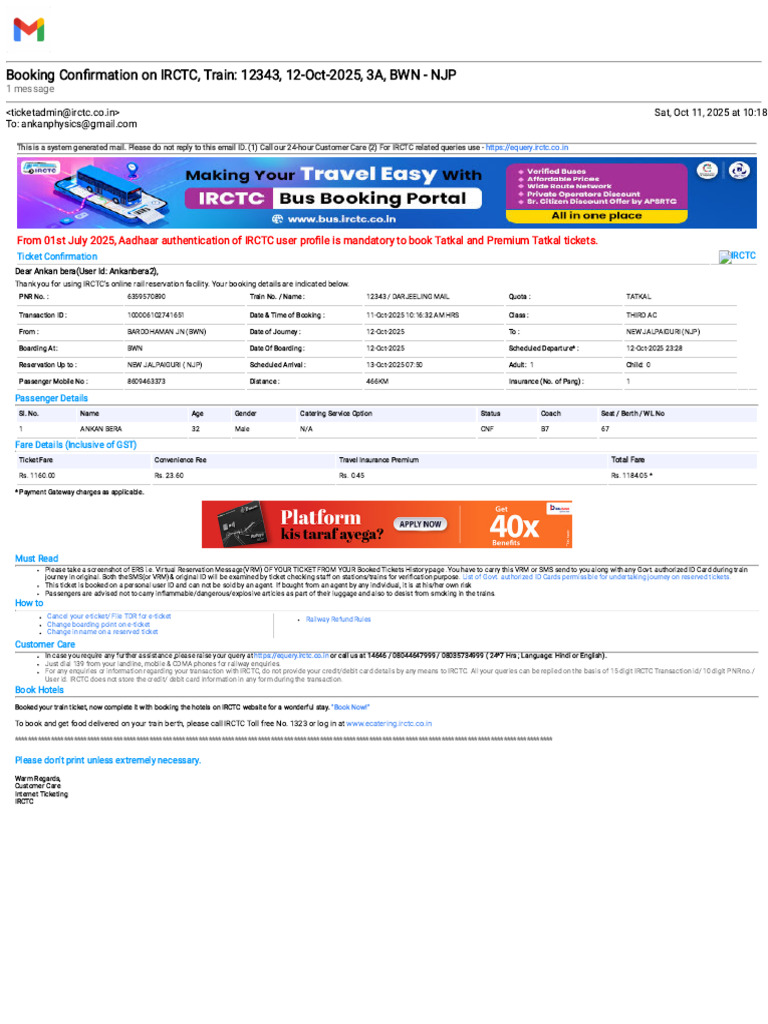 Gmail - Booking Confirmation On IRCTC, Train - 12343, 12-Oct-2025, 3A ...