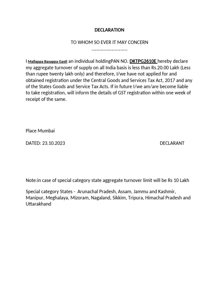 GST Registration Declaration Statement | PDF