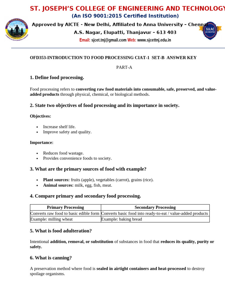 Ciat-1 Set -b Answer Key | PDF | Food Processing | Foods