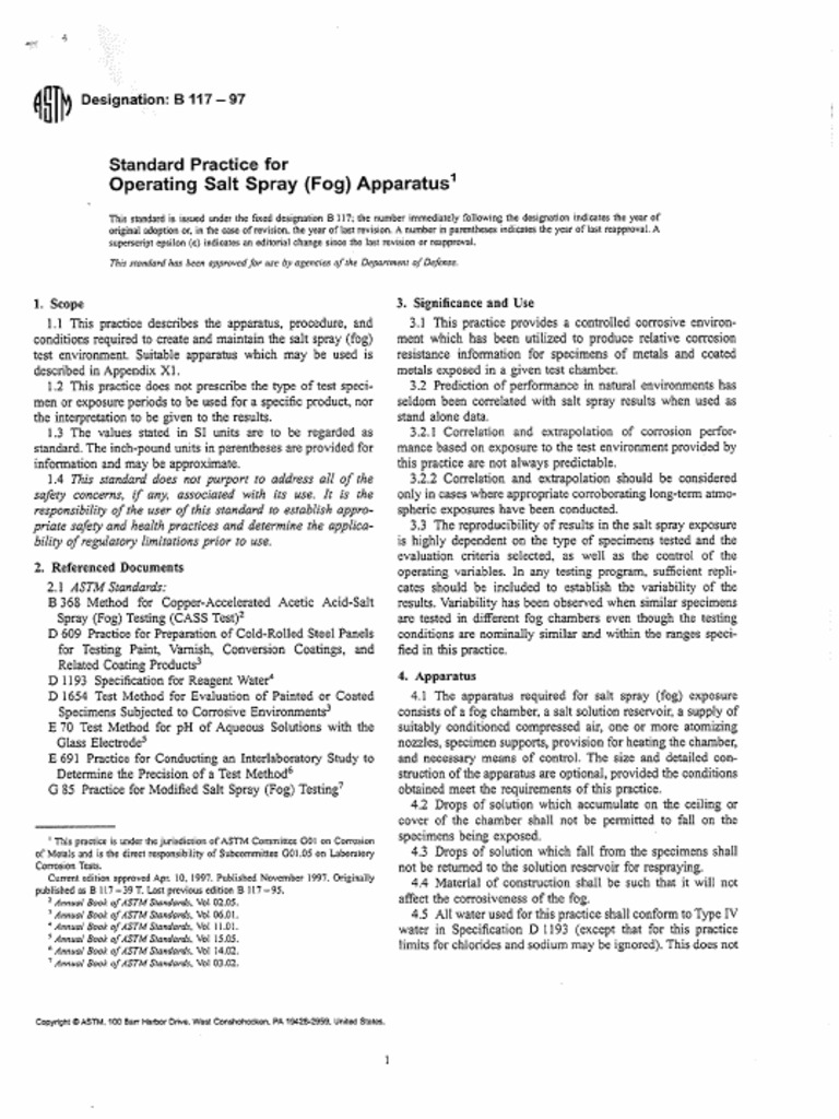 ASTM B117 97 Operation Salt Spray Fog Apparatus | PDF