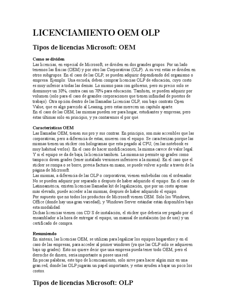 Licenciamiento Microsoft: OEM vs OLP | PDF | Fabricante Original de ...