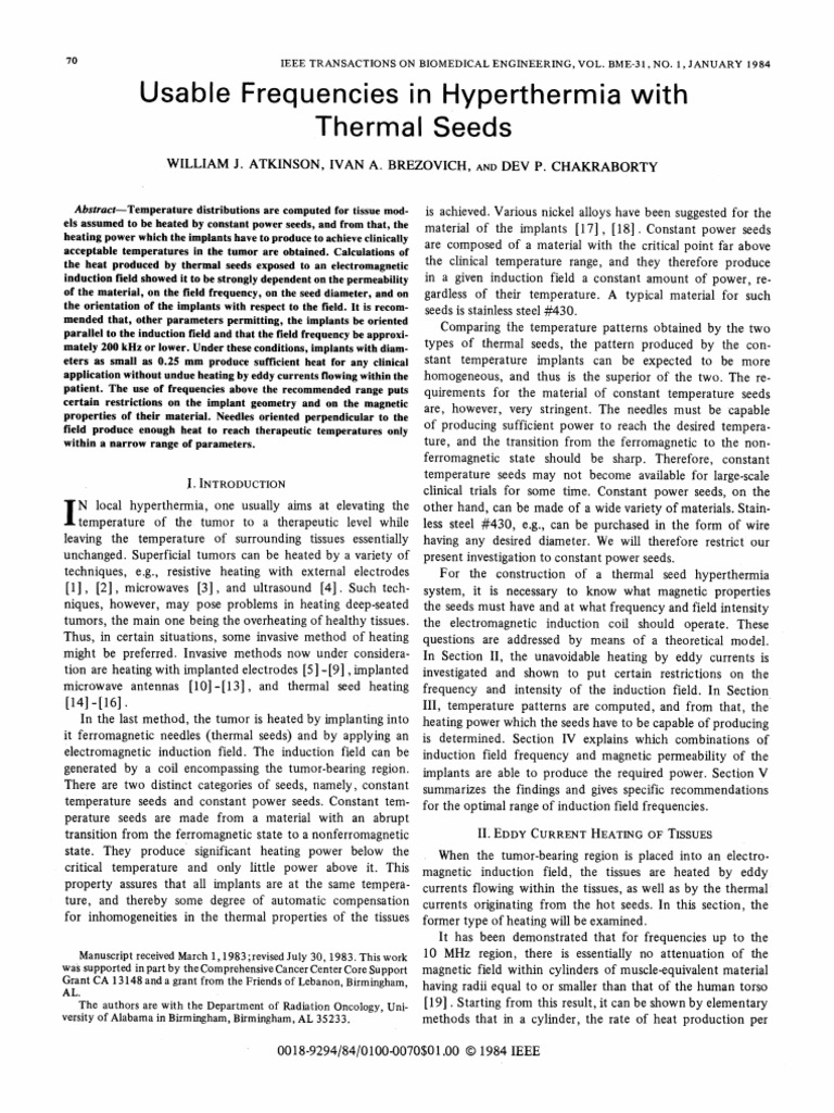 Hyperthermia Frequencies for Thermal Seeds | PDF | Electromagnetic ...