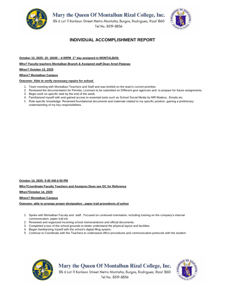 Montalban Campus Accomplishment Report | PDF | Safety