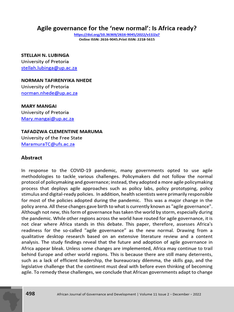 Lubinga Et Al 2022 Agile Governance For The New Normal Is Africa Ready ...