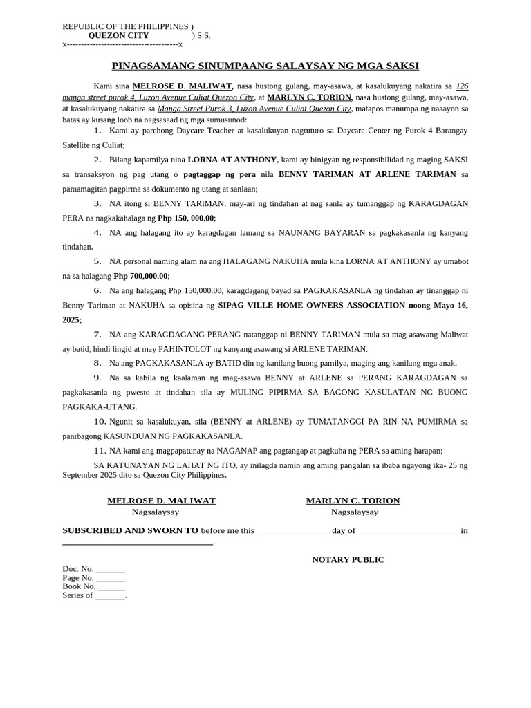 Sunumpaang Salaysay NG Saksi (Lorna) Revise | PDF