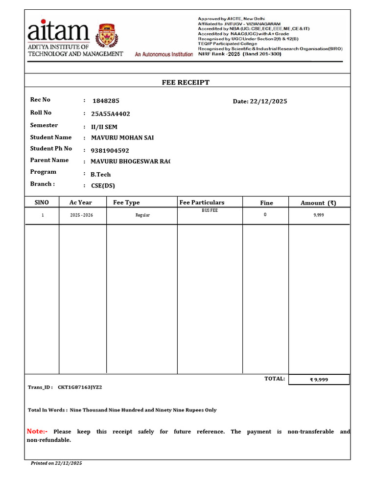 B.Tech Fee Receipt for CSE(DS) 2025 | PDF