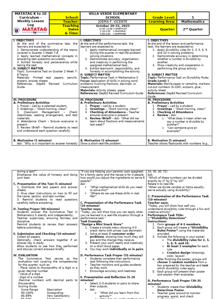 Grade 5 Math Weekly Lesson Log | PDF | Curriculum | Teachers