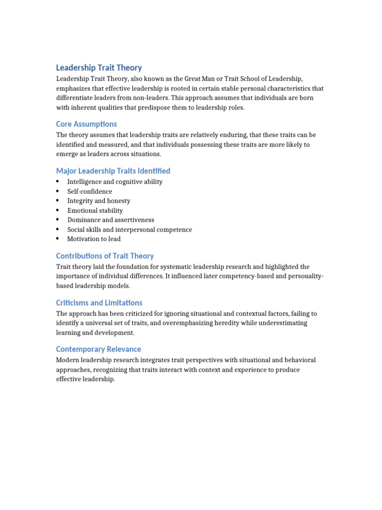 Leadership Trait Theory | PDF