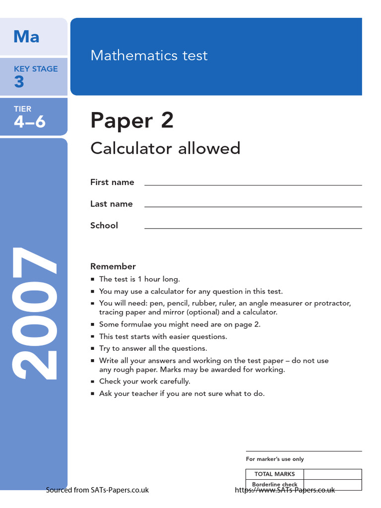 Ks3 Mathematics 2007 Level 4 6 Paper 2 | PDF | Area | Litre