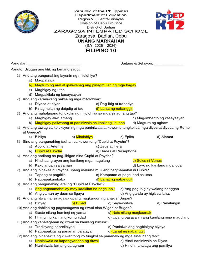 Q1 Filipino 10 Answer Key | PDF