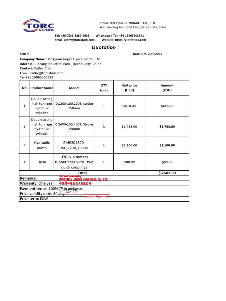Hydraulic Equipment Quotation Details | PDF