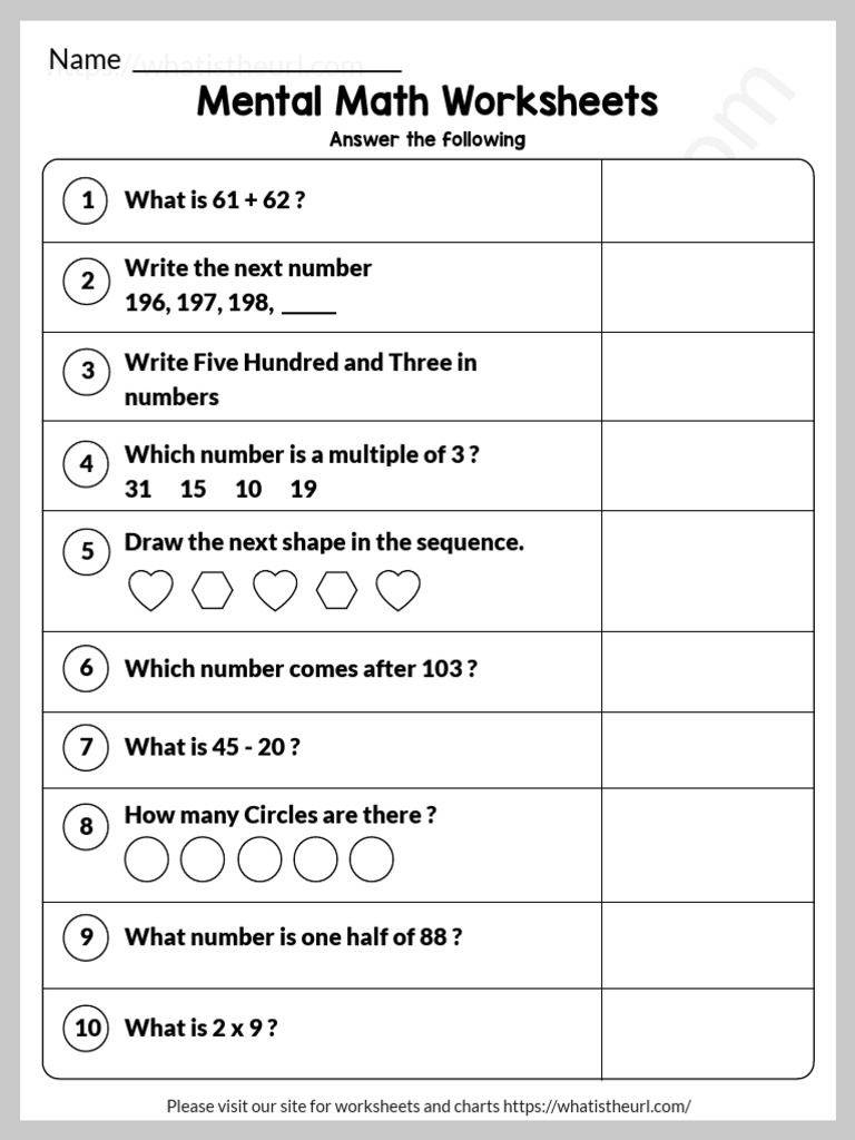 Mental Math Worksheets for Kids | PDF