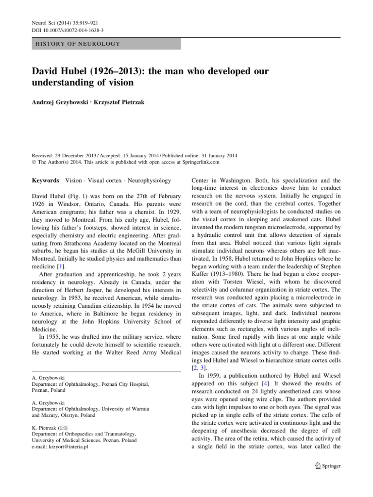 David Hubel - The Man Who Developed Our Understanding of Vision | PDF ...