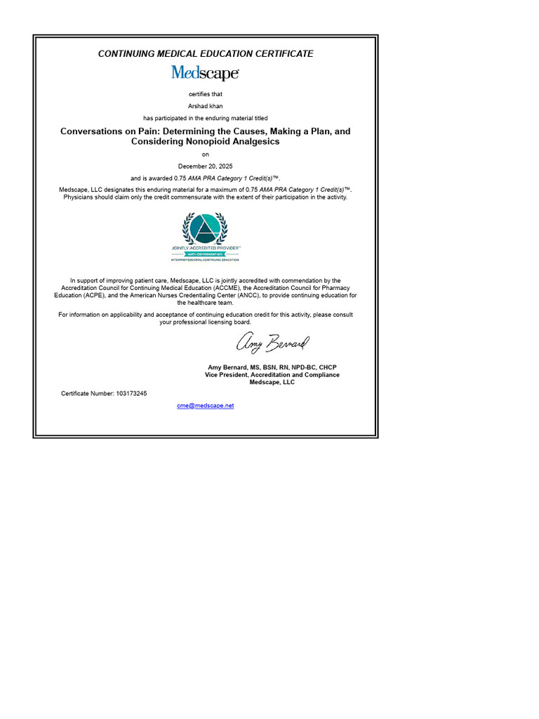 CME Certificate For 'Conversations On Pain - Determining The Causes ...