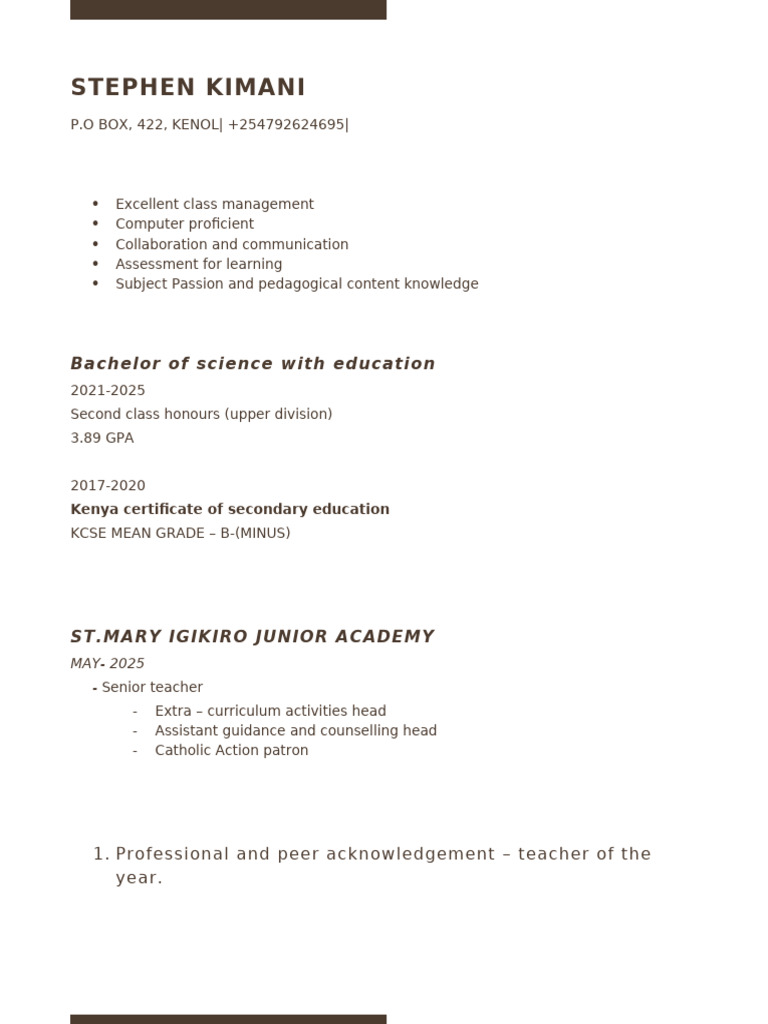 Stephen Kimani: Educator Profile & Achievements | PDF