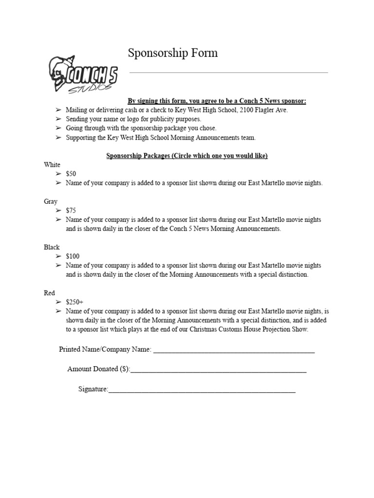 Key West High School Sponsorship Form | PDF