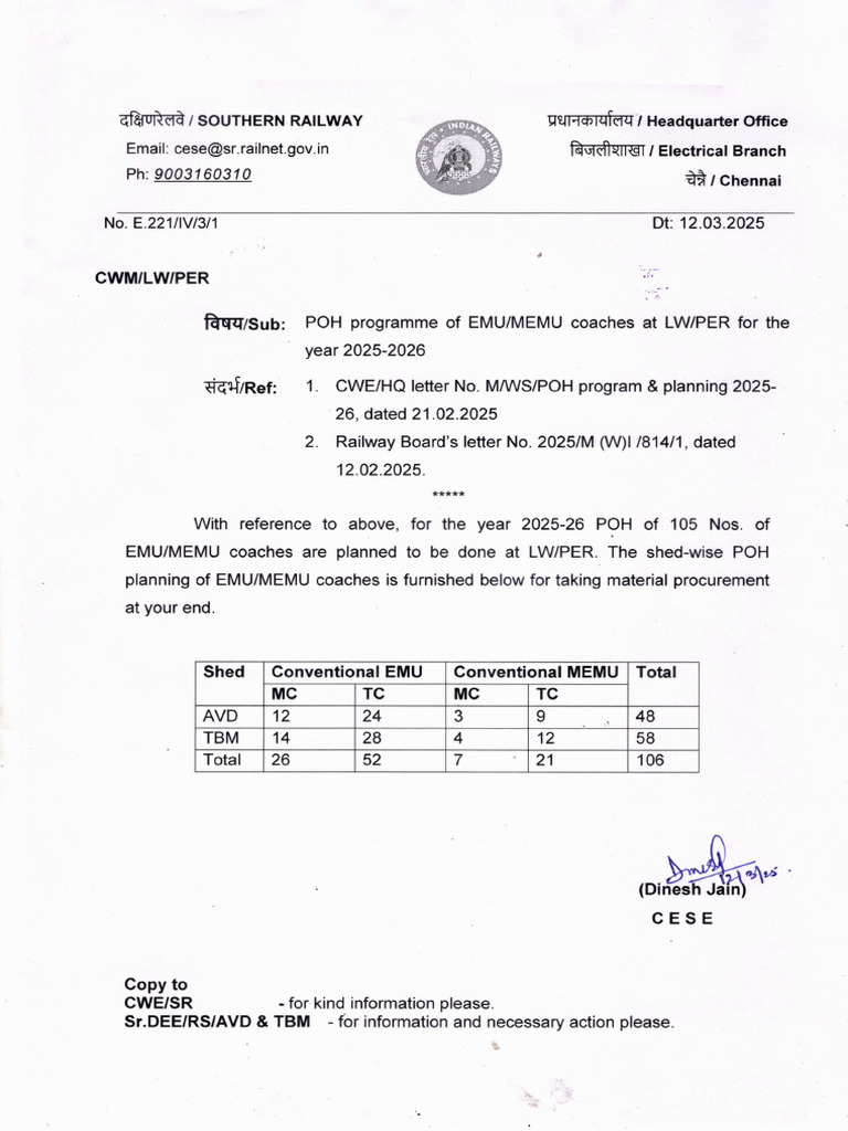 POH Program of EMU Coaches at LW PER To CWM For 2025 26 | PDF