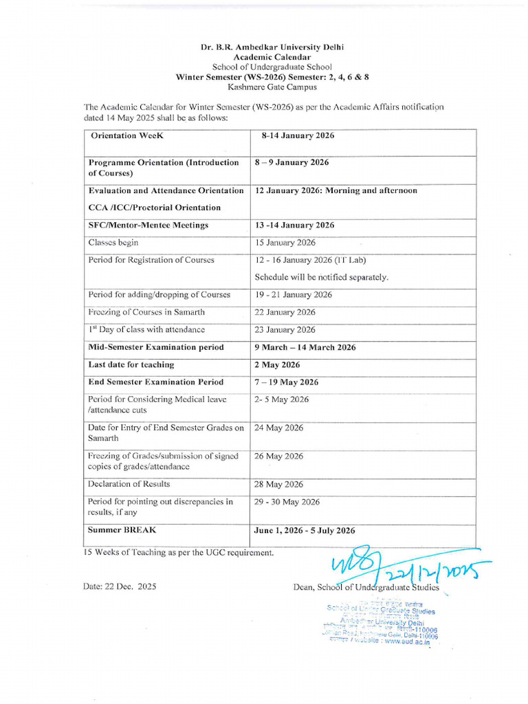 Academic Calendar Sus Winter Semester 2026 | PDF