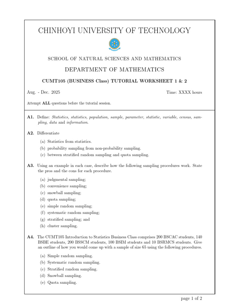 Tutorial Worksheet 1 Introduction Upto Data Collection | PDF | Sampling ...