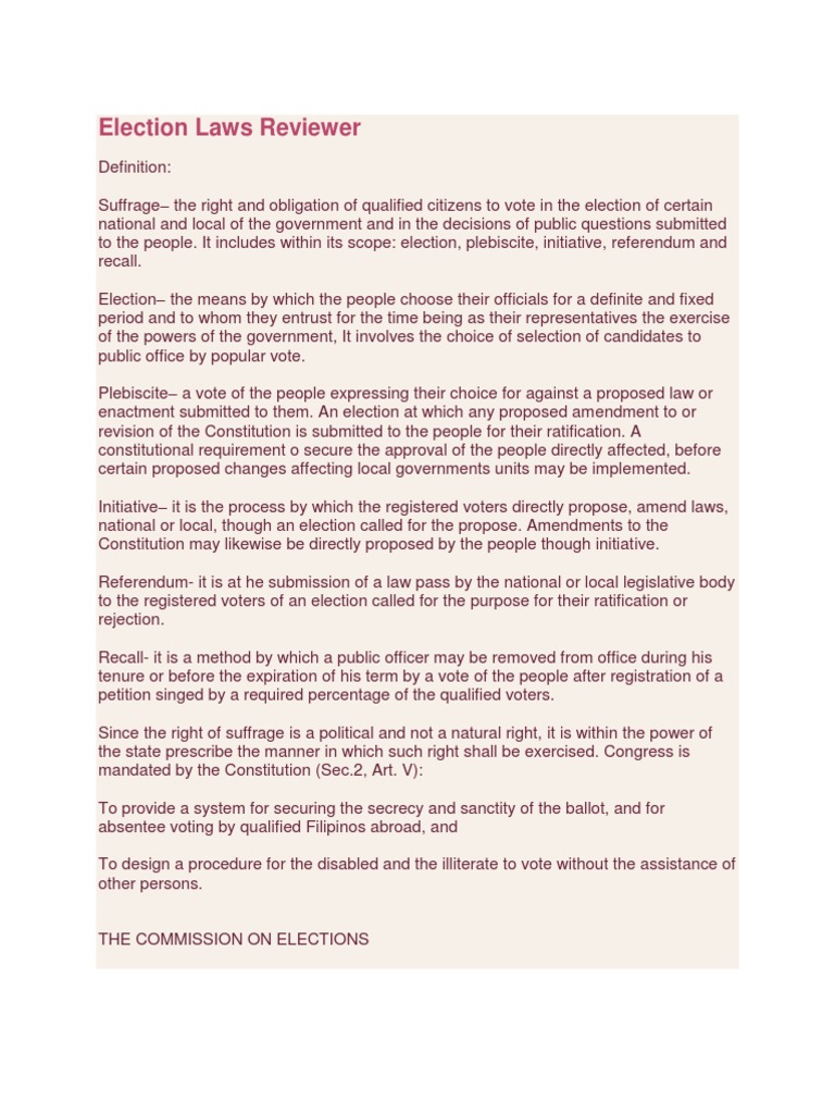 Overview of Philippine Election Laws | PDF | Initiative | Commission On ...