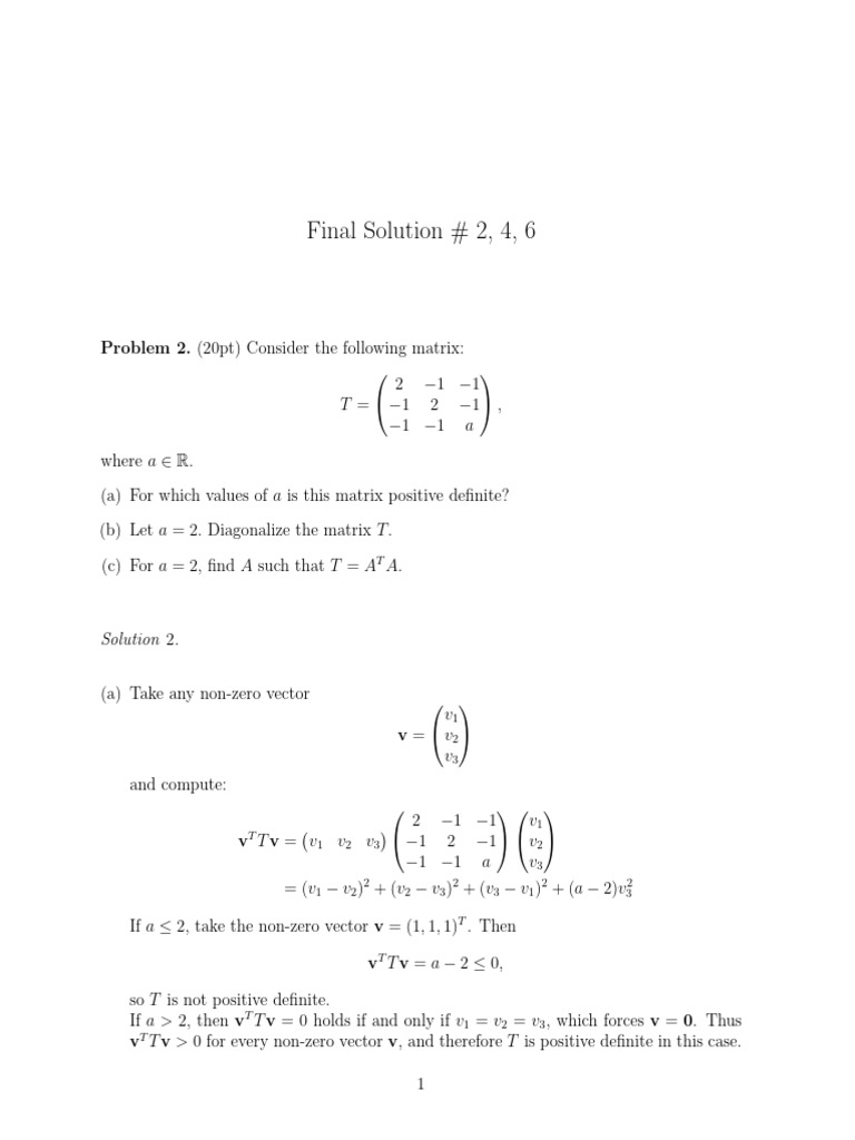Positive Definite Matrices and Eigenvalues | PDF | Eigenvalues And ...