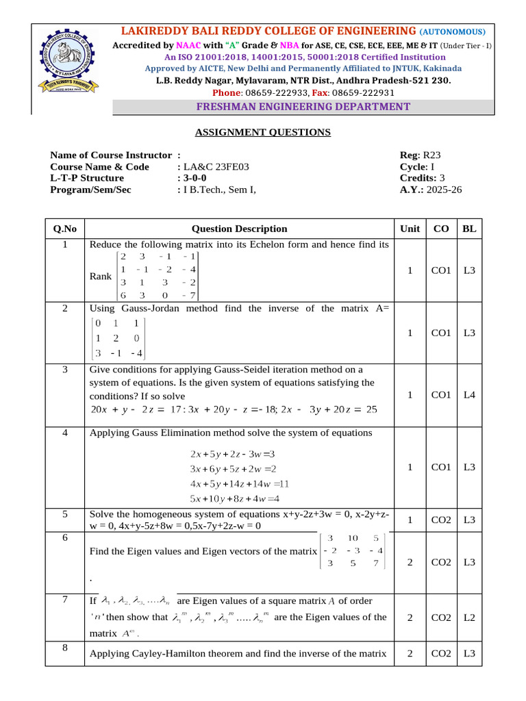 Freshman Engineering Assignment 2025-26 | PDF | Eigenvalues And ...