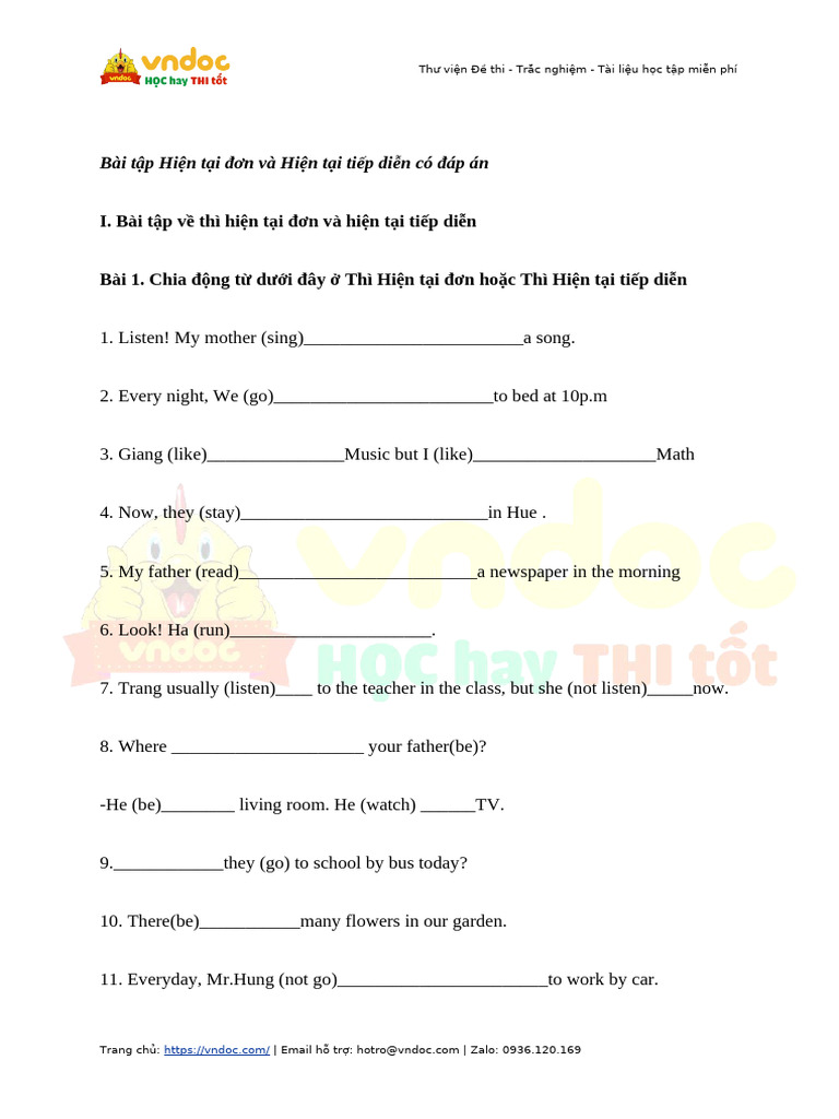 Bai Tap Ket Hop Thi Hien Tai Don Va Hien Tai Tiep Dien | PDF