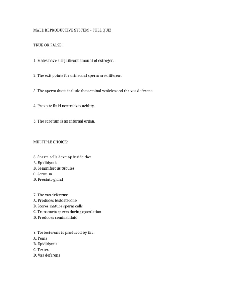 Male Reproductive System Full Quiz | PDF