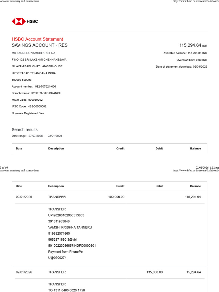 HSBC Savings Account Statement | PDF | Debits And Credits | Debit Card